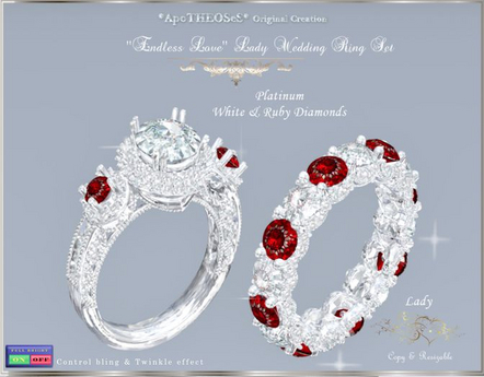 Second Life Marketplace - ''Endless Love'' Plat Wedd Ring Set White & Ruby